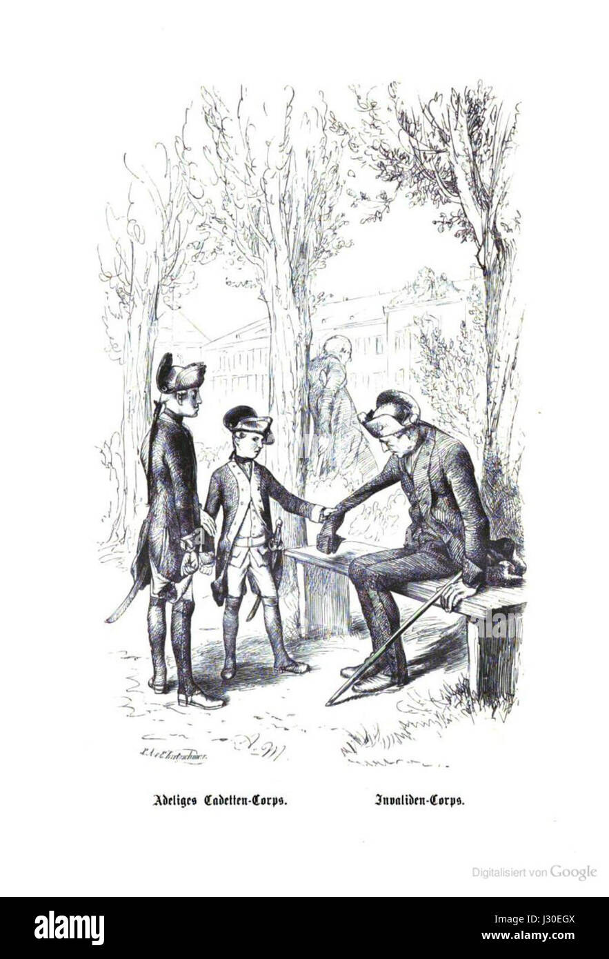 'Cadetten treffen Invaliden Korps' is a historical image depicting the ...