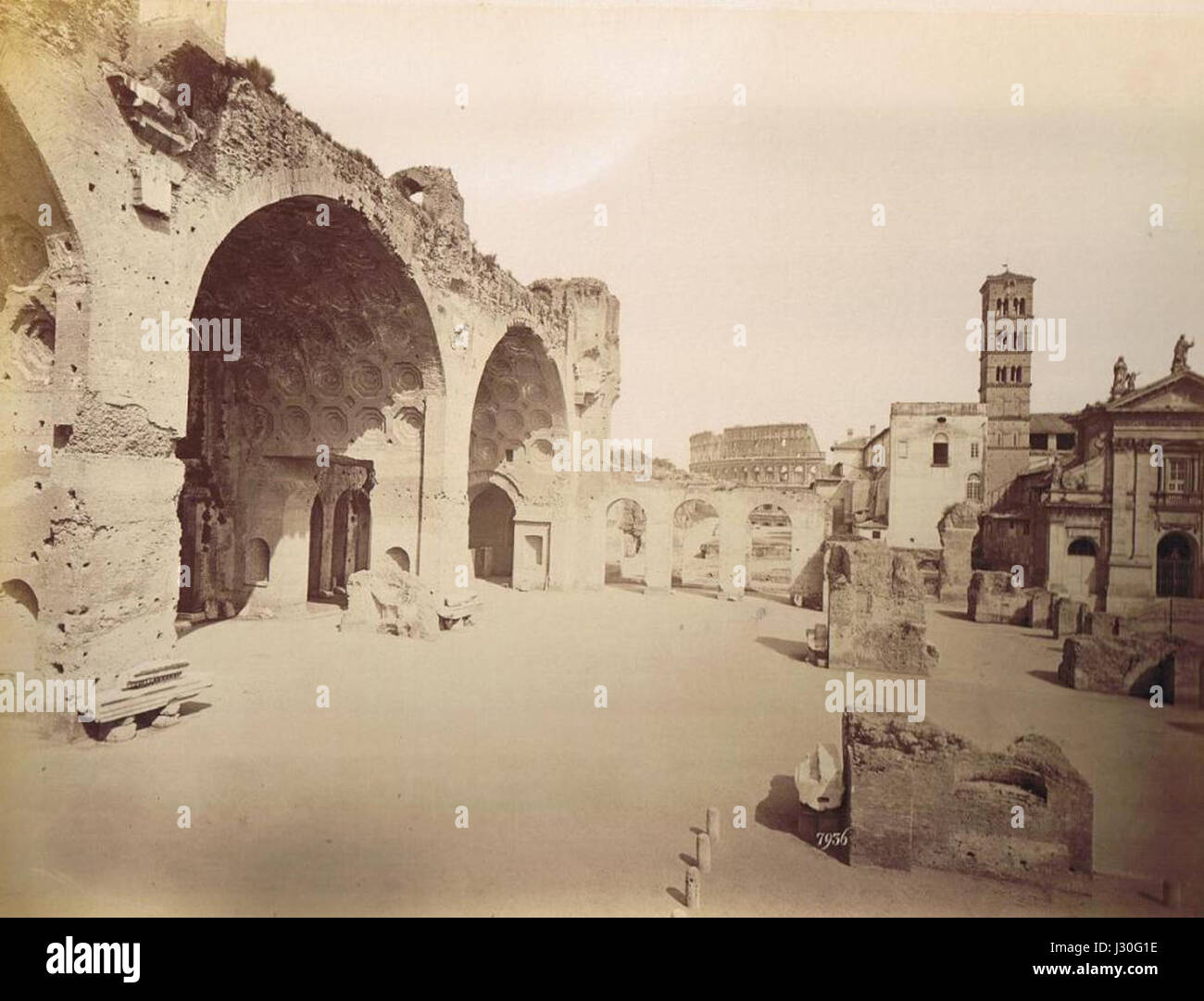 A photograph by Alinari showcasing the Basilica di Constantino in Rome ...