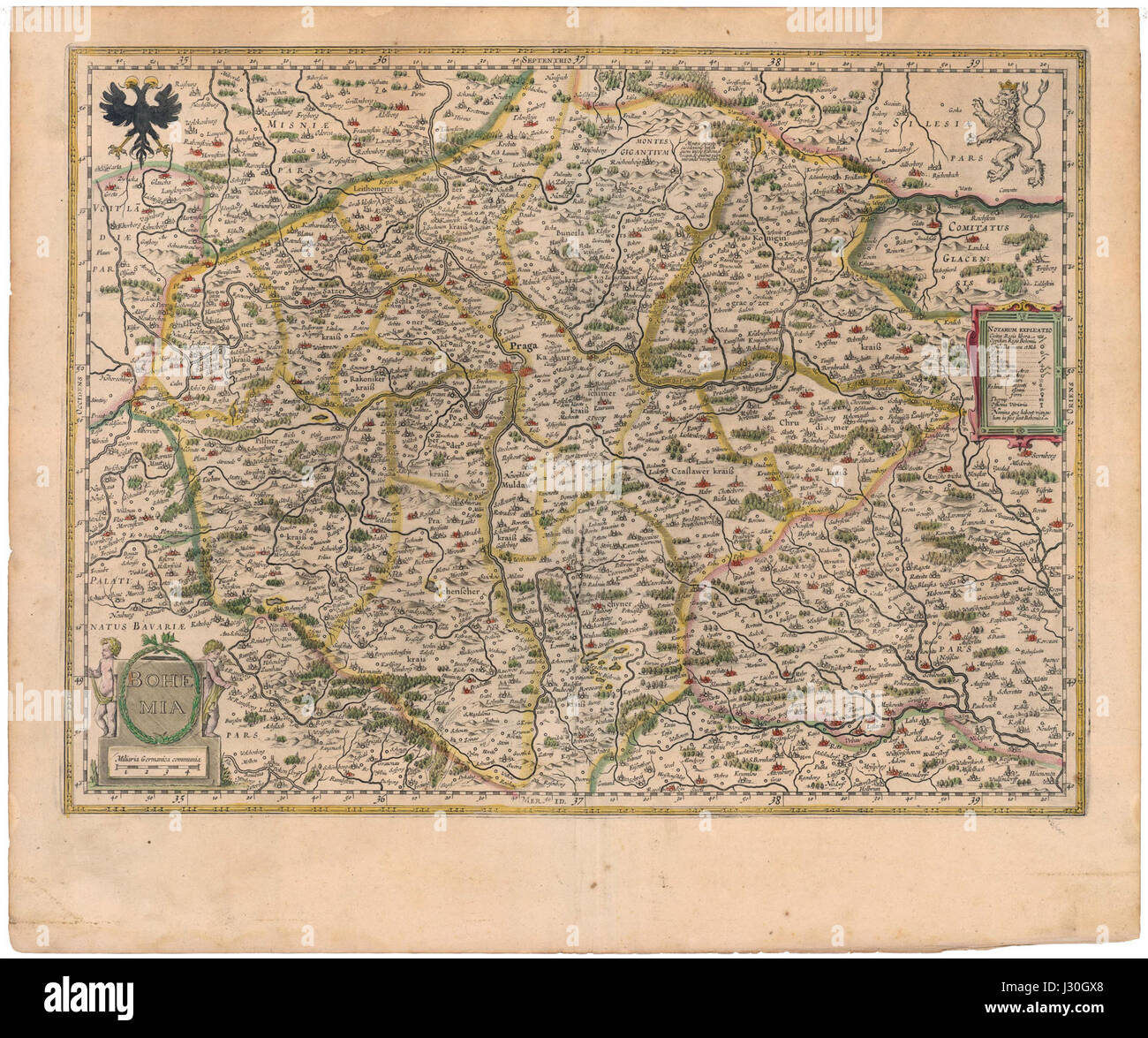 This title refers to a map of Bohemia, published in 1645 by the Dutch cartographer Blaeu, which ...