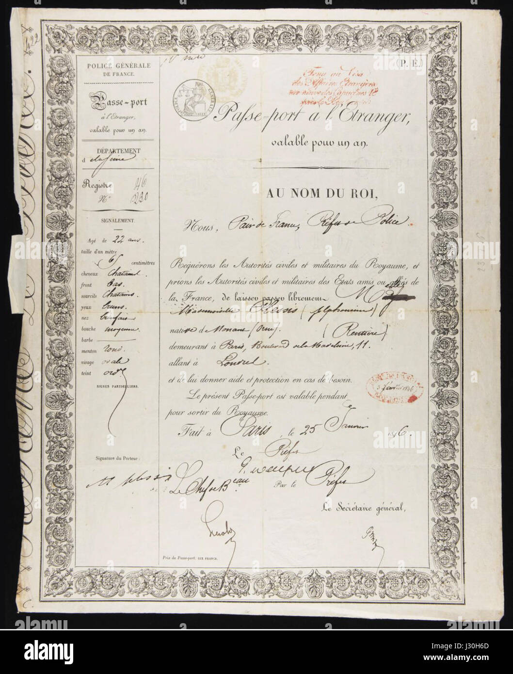 A historical document featuring the passport of Alphonsine Plessis ...