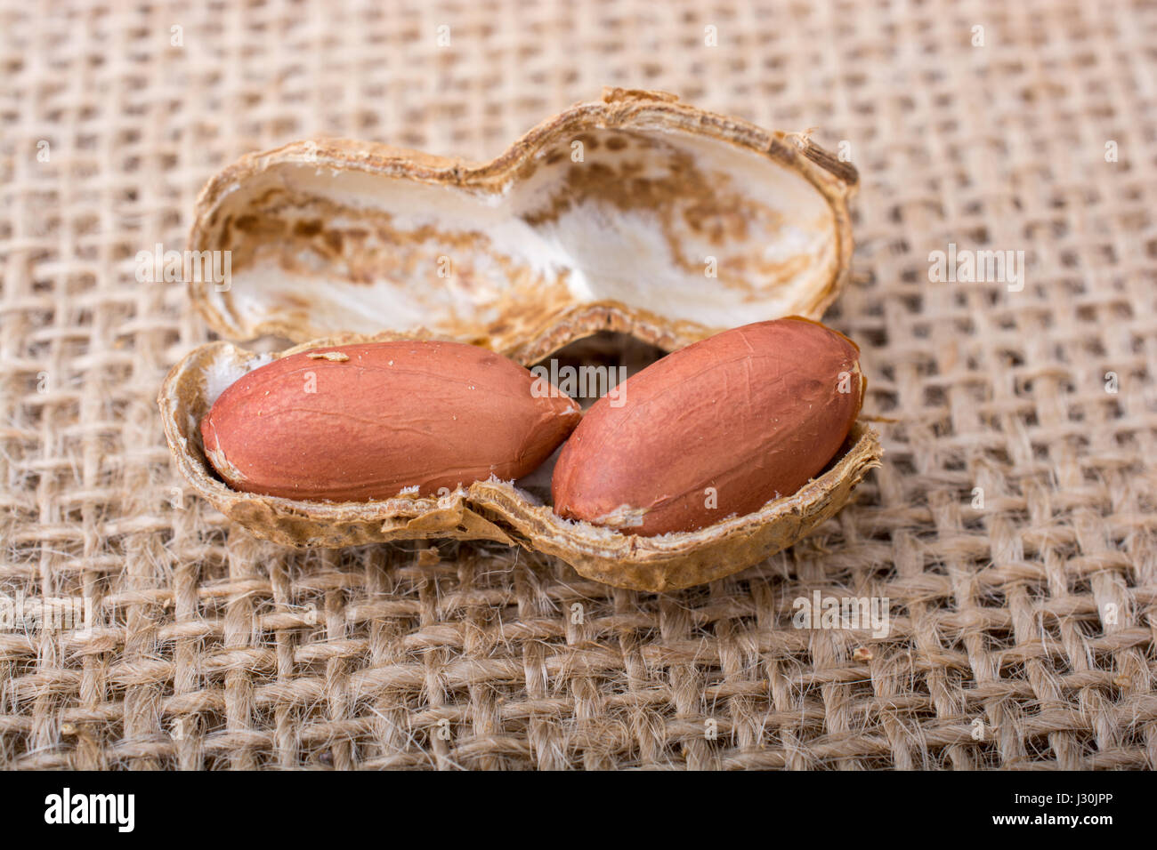 Cracked open peanut with shell on a linen canvas background Stock Photo ...