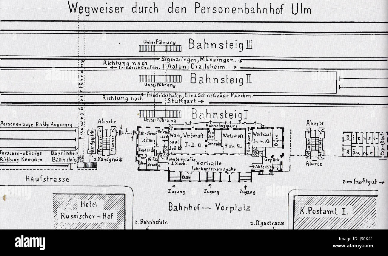 The Bahnhofsplan Ulm um 1890 is a historical map depicting the layout ...