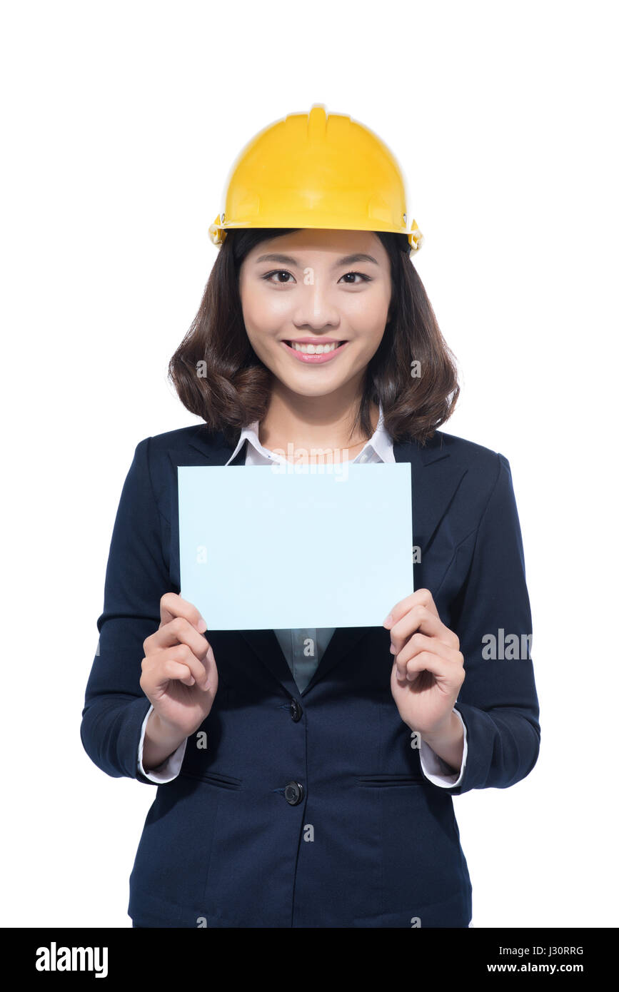 Smiling architect woman hold blank paper. Isolated portrait Stock Photo ...