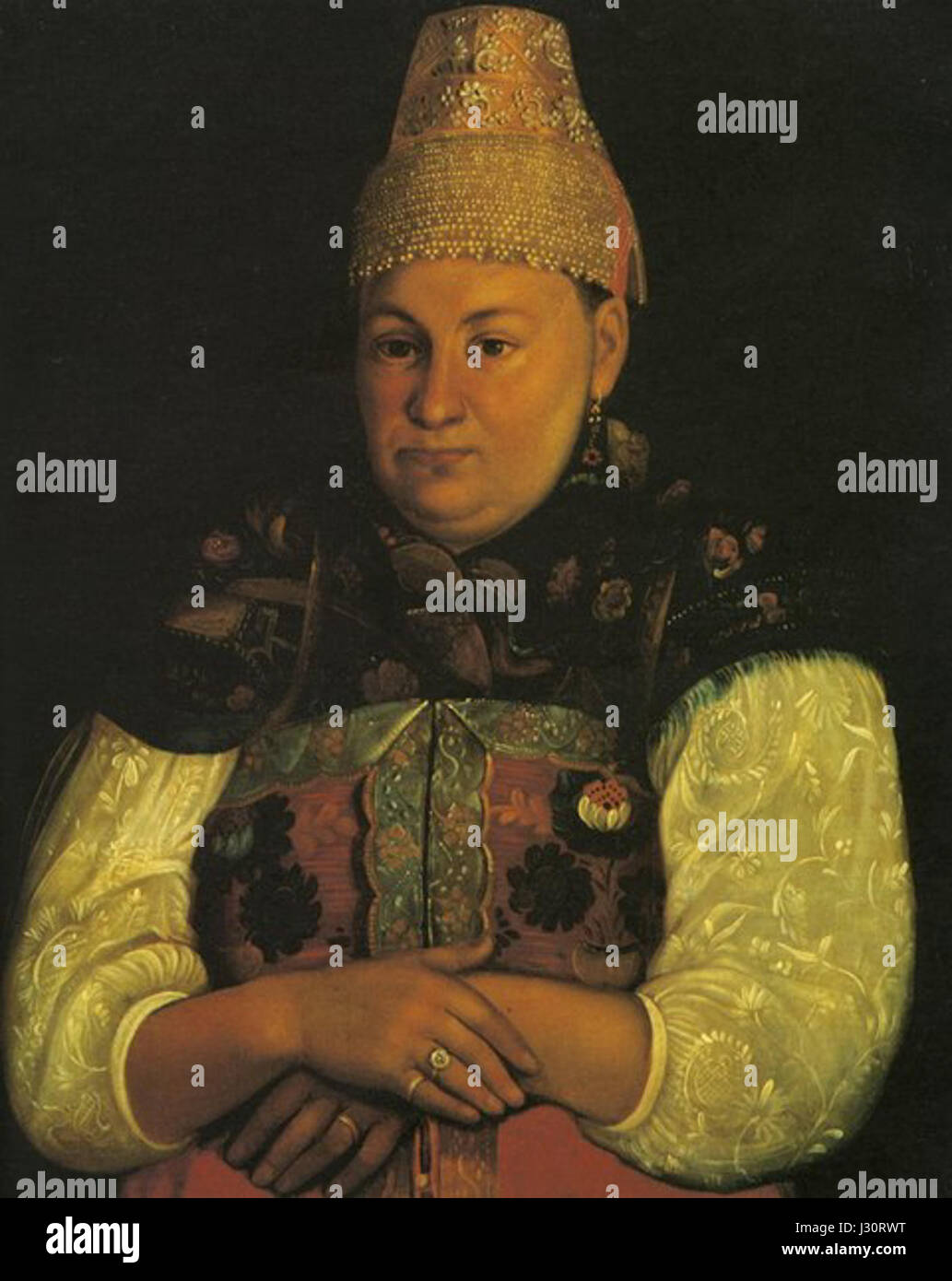 This portrait from the 1840s depicts a bourgeois woman from Tver ...