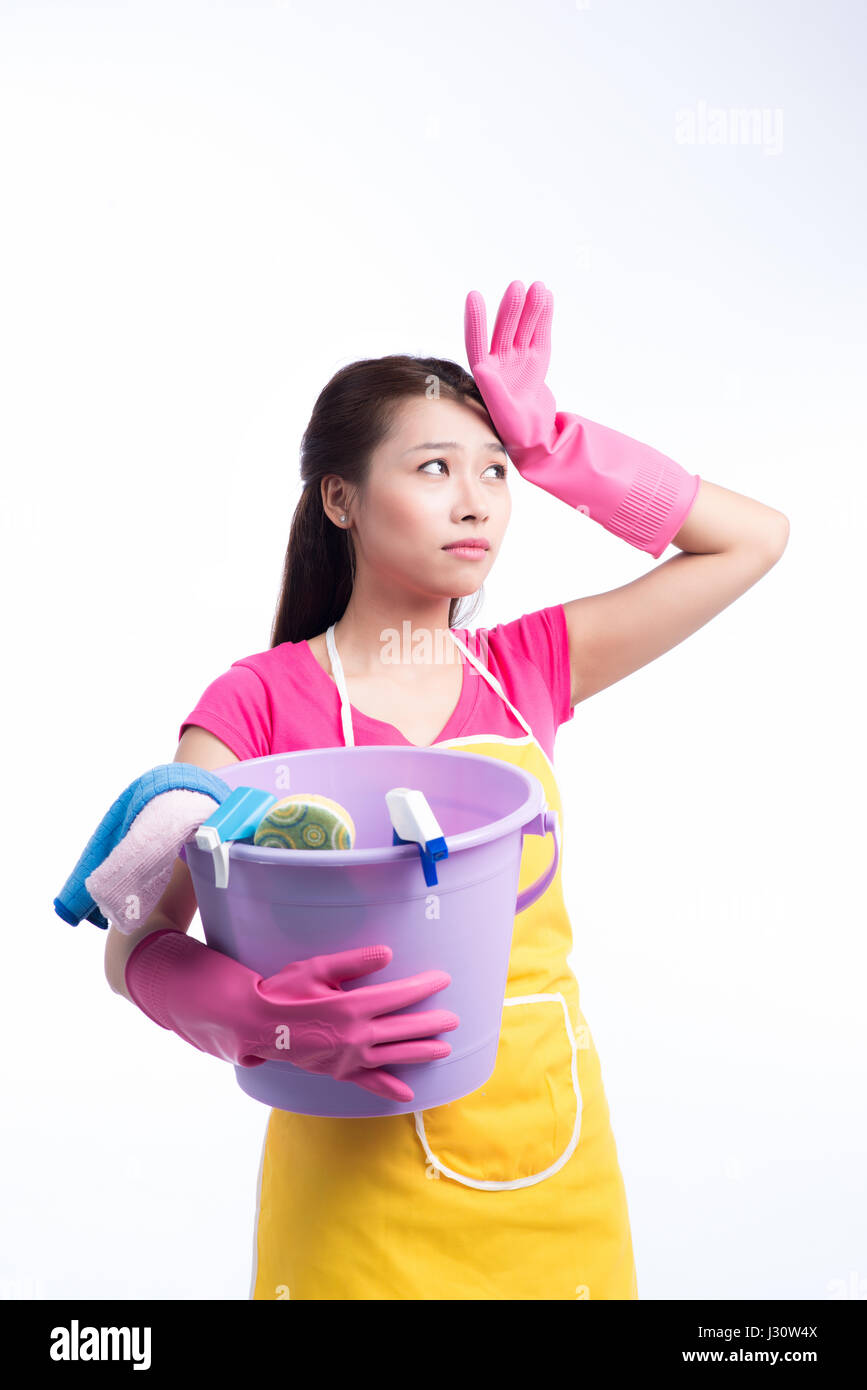Tired frustrated and exhausted cleaning woman isolated on white Stock ...