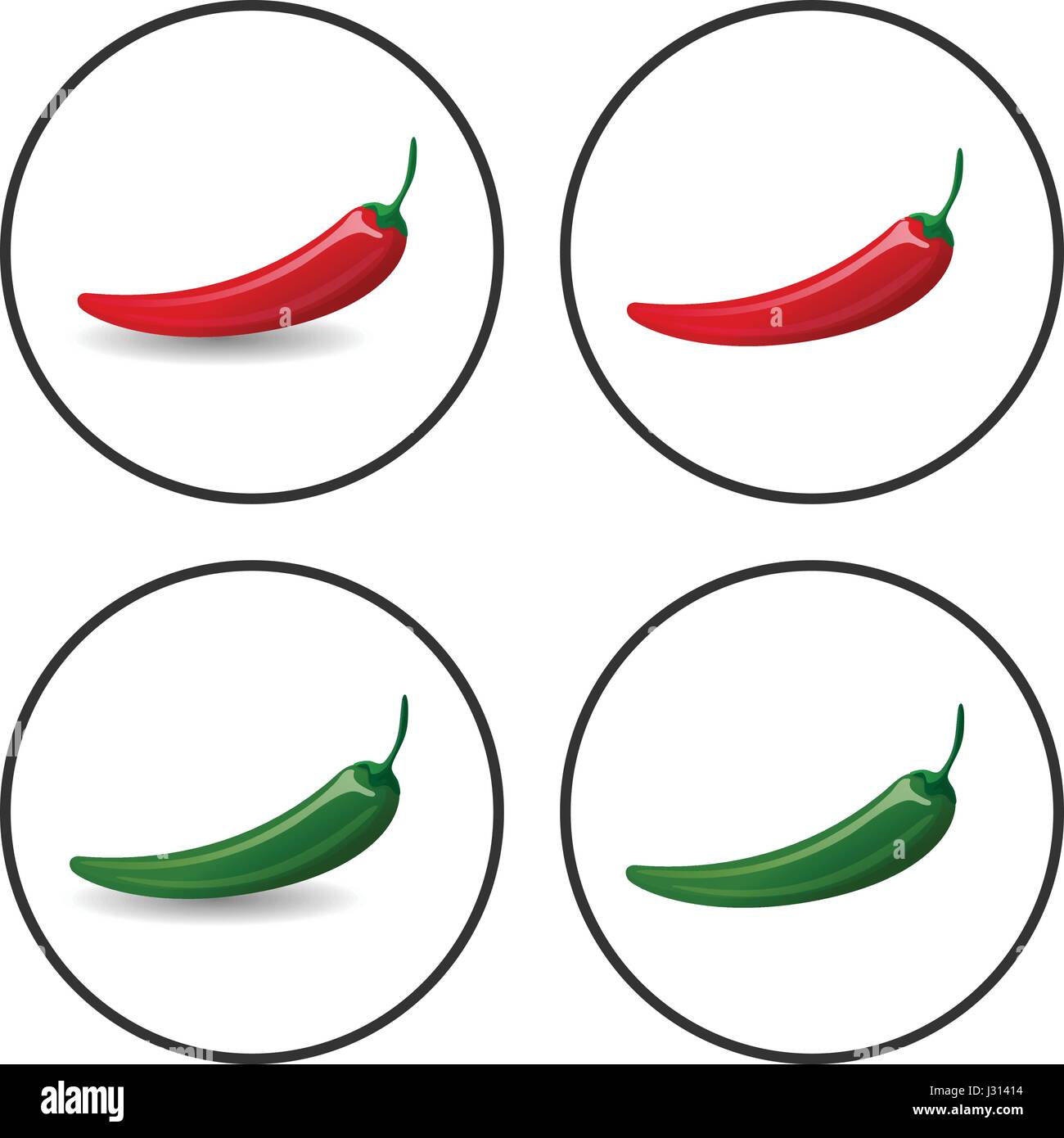 Hot Chili peppers, vector icons, 4 versions, with and without shadow ...