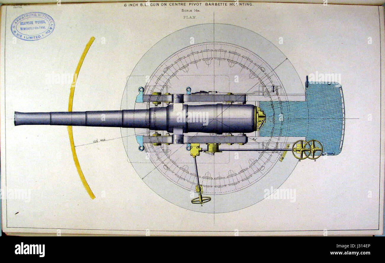 BL 6 inch Armstrong gun on CP mounting plan diagram Stock Photo - Alamy