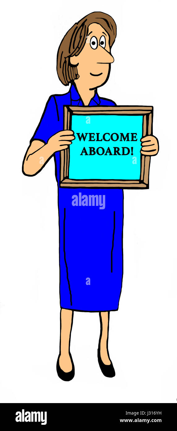 Business cartoon illustration of a boss welcoming a new hire to the ...