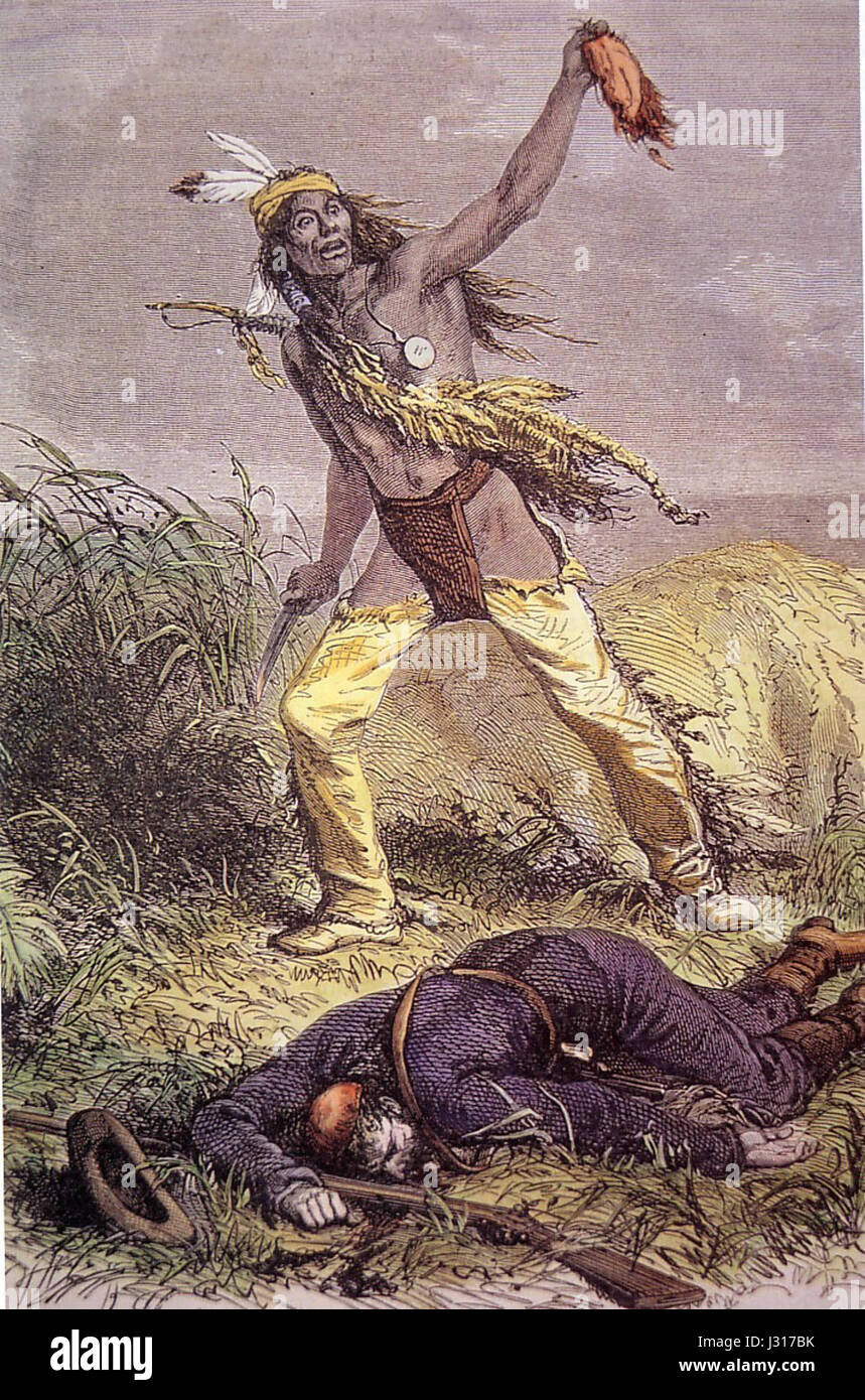 An engraving depicting an Apache scalping scene, representing an ...