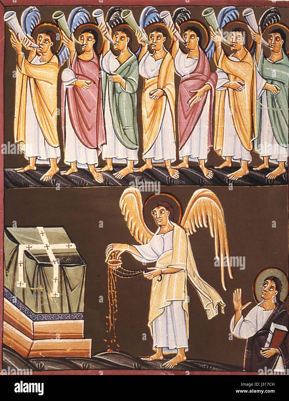 This folio from the Bamberg Apocalypse manuscript, depicting angels with seven trumpets and one ...