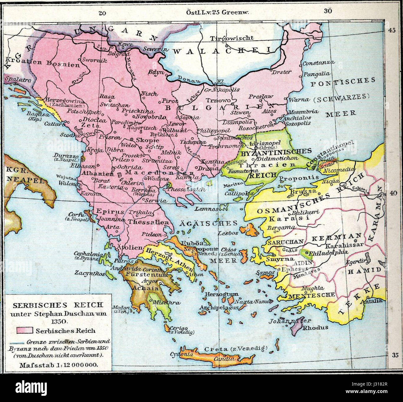 This map or depiction of the Balkans in 1350, based on Gustav Droysen's ...