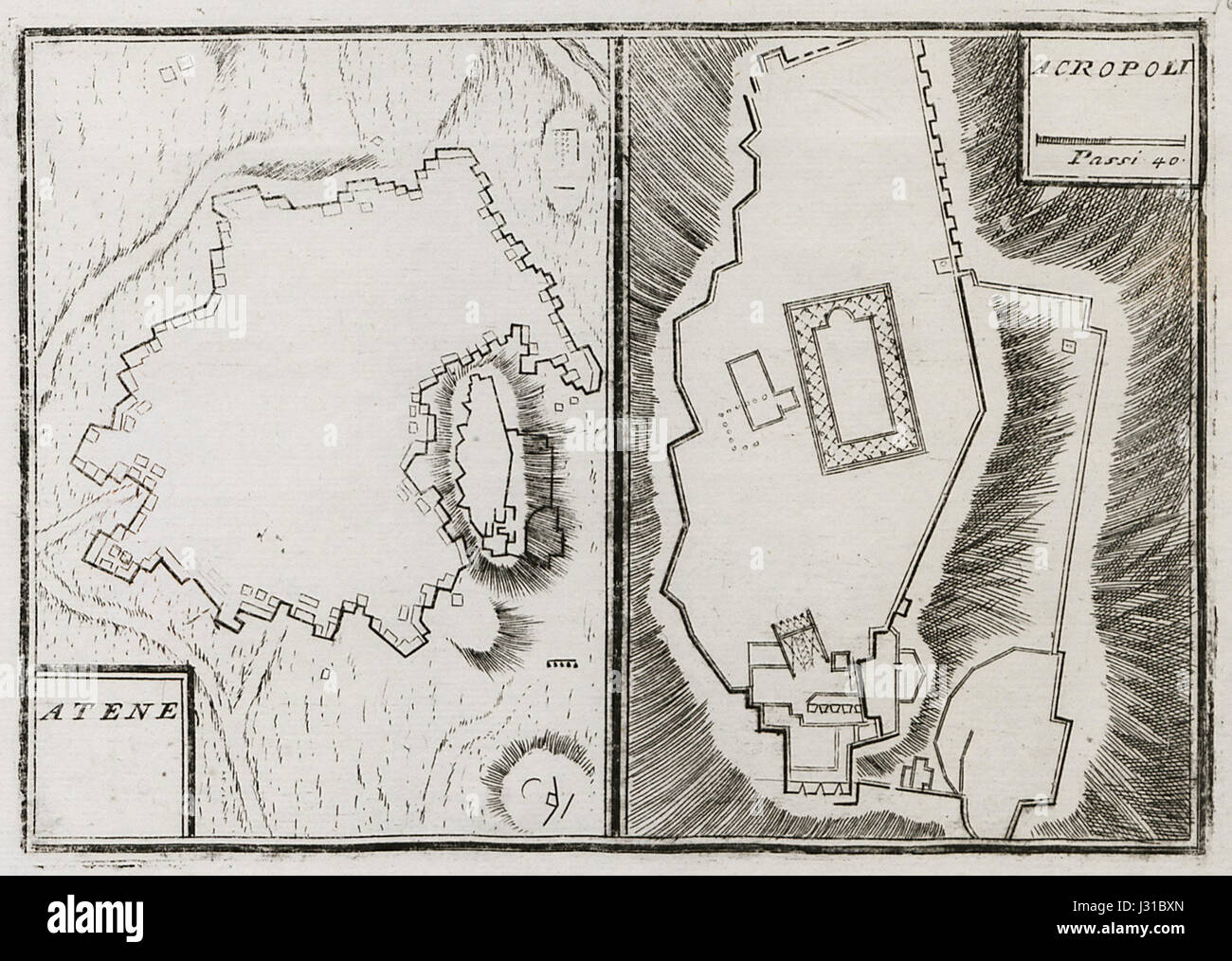 A map of the Acropolis of Athens created by Vincenzo Coronelli in 1686 ...