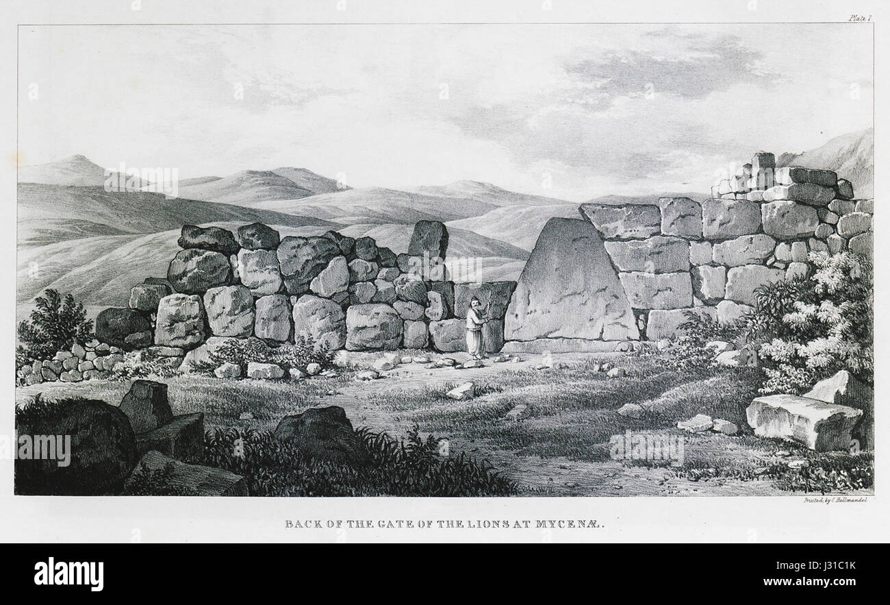 Edward Dodwell's 1834 depiction of the Gate of the Lions at Mycenae, an ...