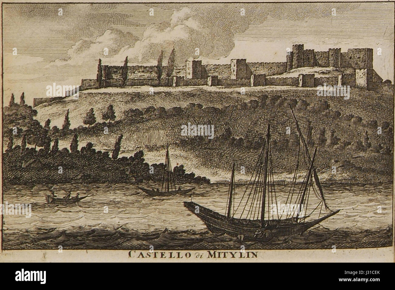The Castello di Mitylin, painted by Cornelis de Bruyn in 1714, depicts ...