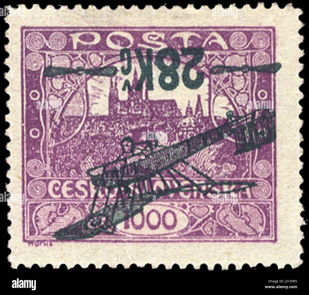 This airmail stamp from Czechoslovakia, issued in 1920, features an ...