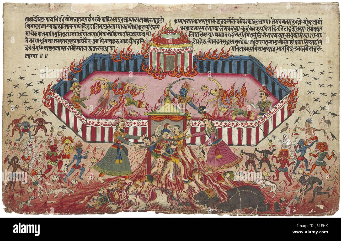 This illustration from the Mahabharata, an epic Hindu text, depicts key ...