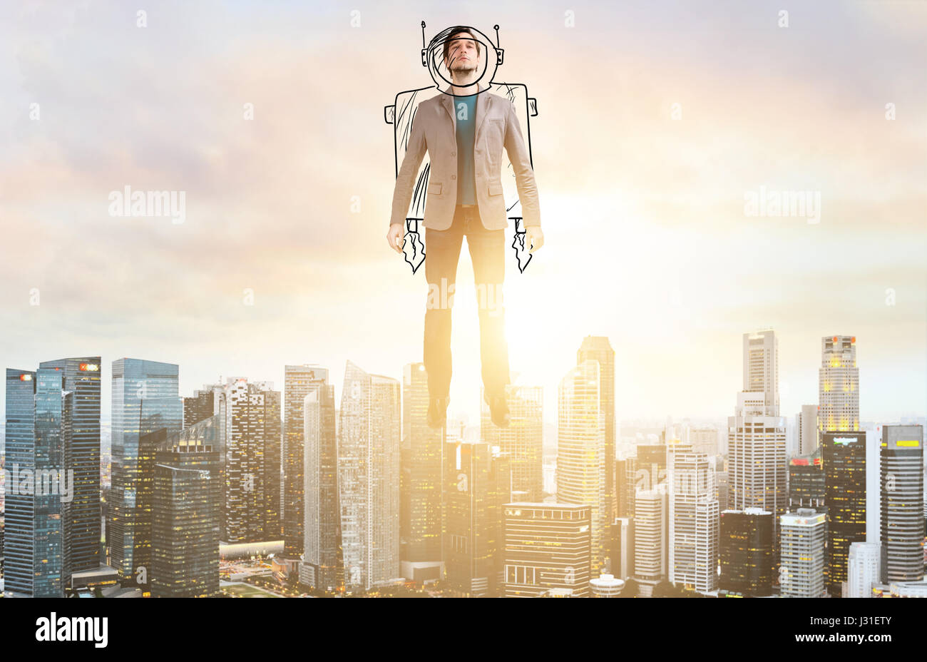 Business man hover over city skyline Stock Photo - Alamy