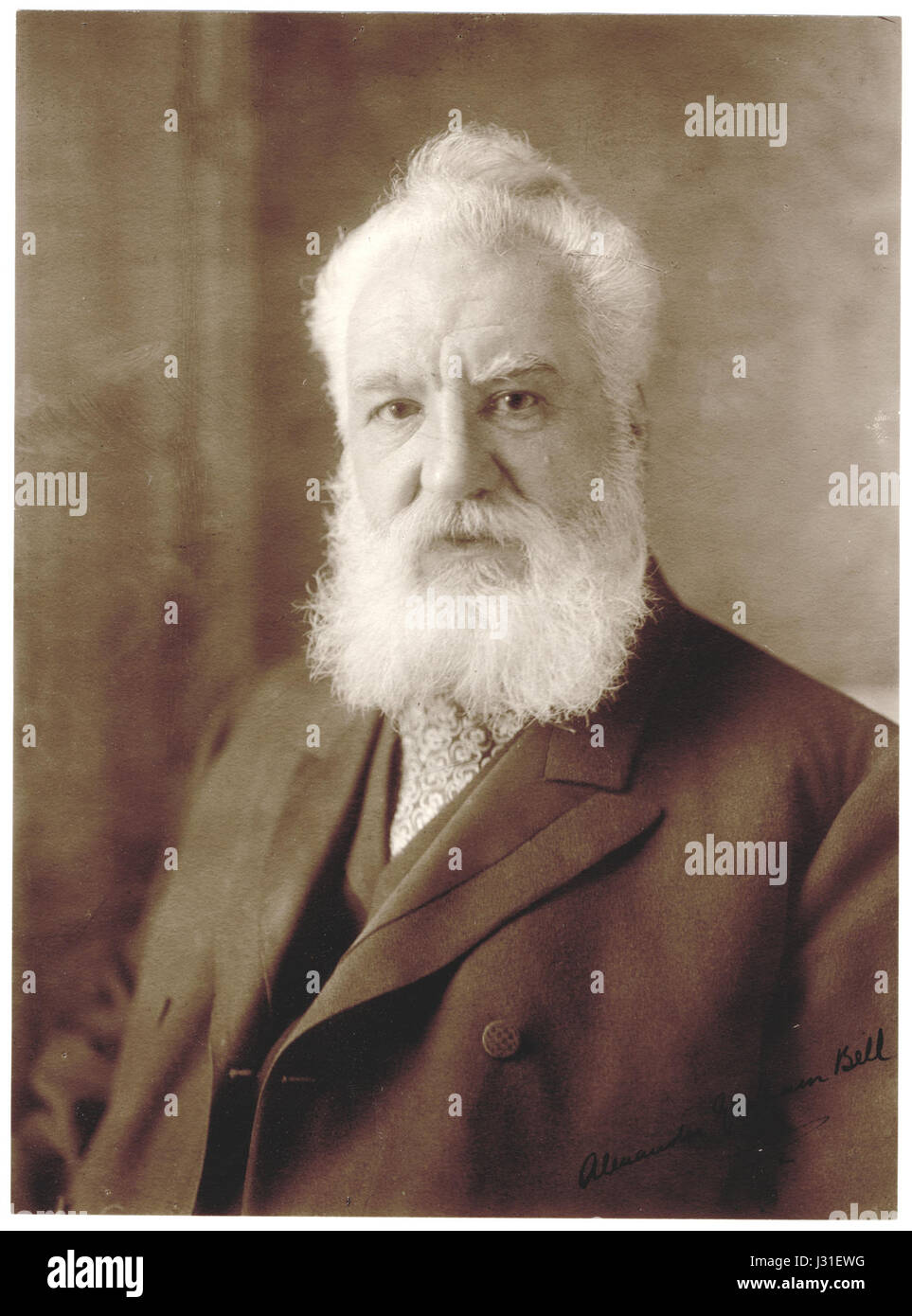 This photograph features Alexander Graham Bell, the renowned inventor ...