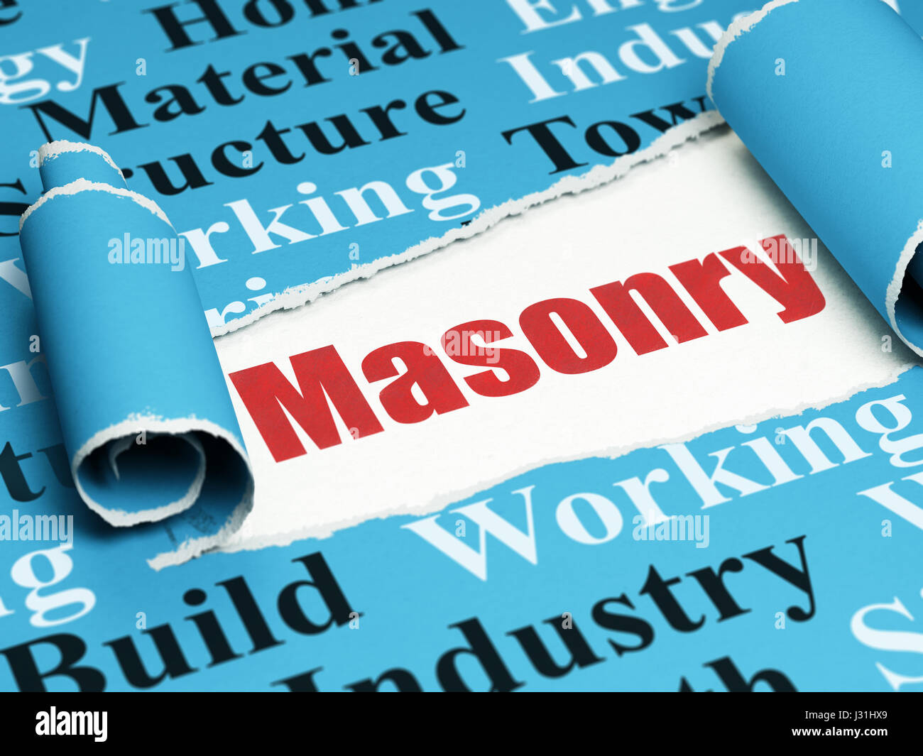 Constructing concept: red text Masonry under the piece of torn paper ...