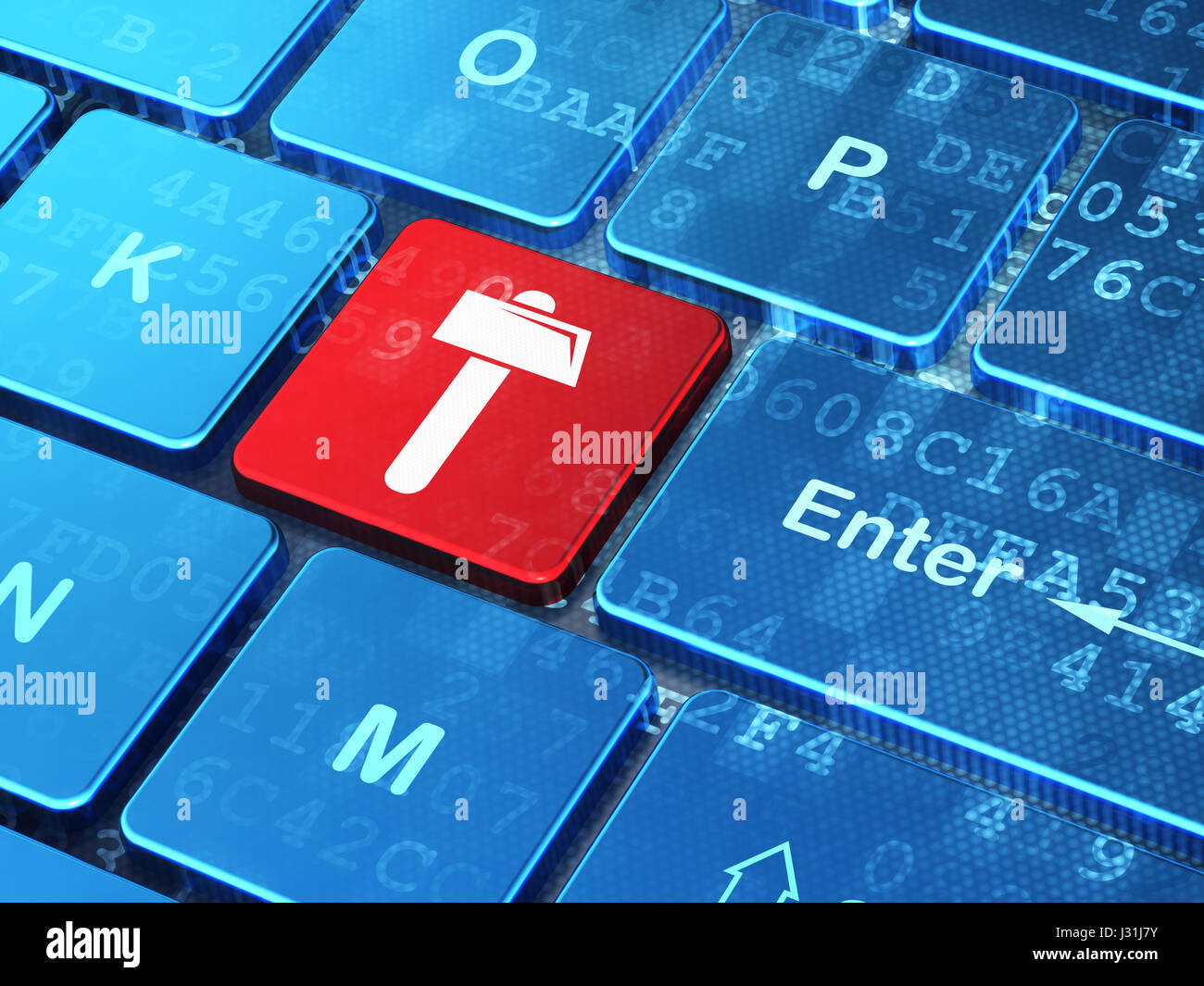 Constructing concept: Hammer on computer keyboard background Stock ...