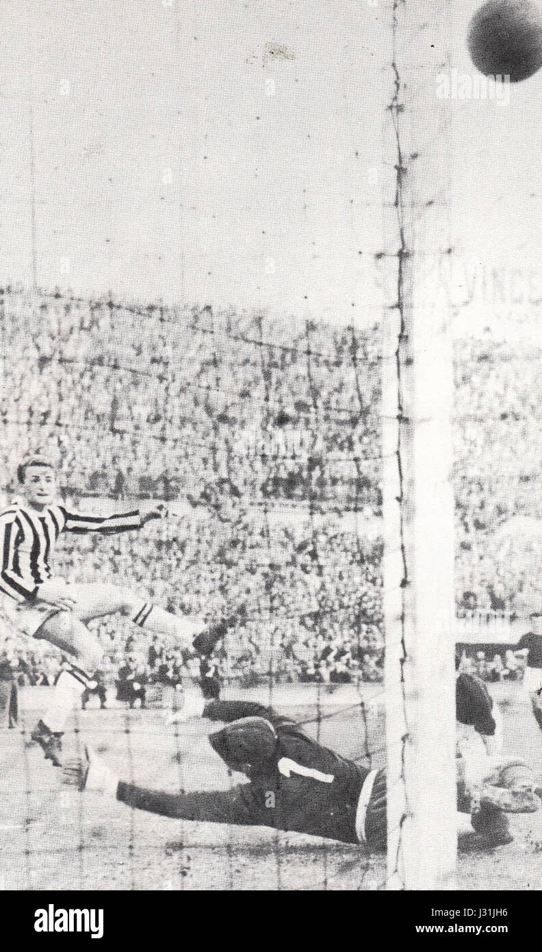 Giampiero Boniperti, a legendary Italian footballer, is shown scoring ...