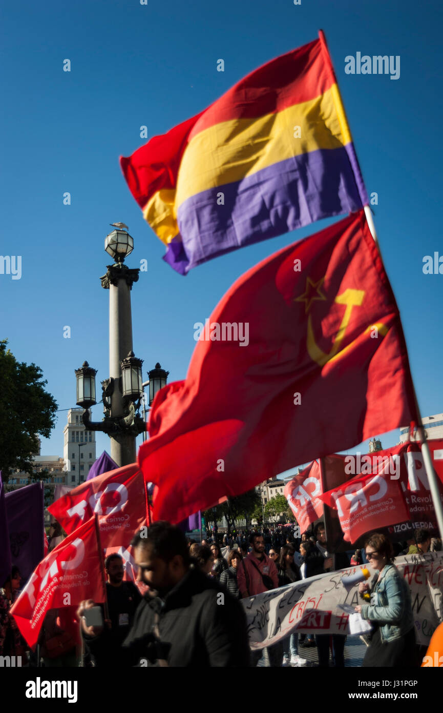 Spain, Barcelona. 01 May, 2017. People march during a May Day rally in ...