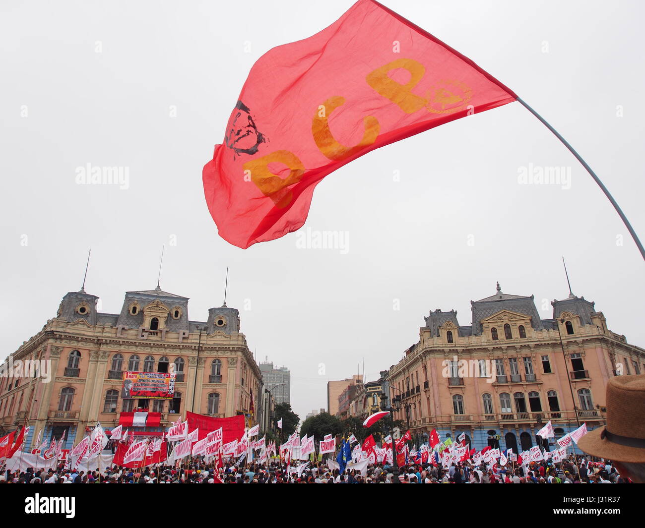 Lima, Peru. 1st May, 2017. Flags of the Communist Party of Peru (PCP ...