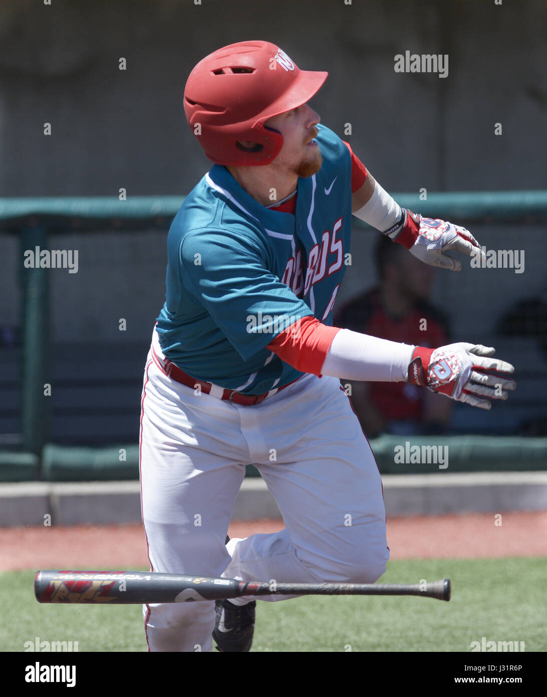 Usa. 23rd Apr, 2017. SPORTS -- UNM's Jared Mang hits a triple the game ...