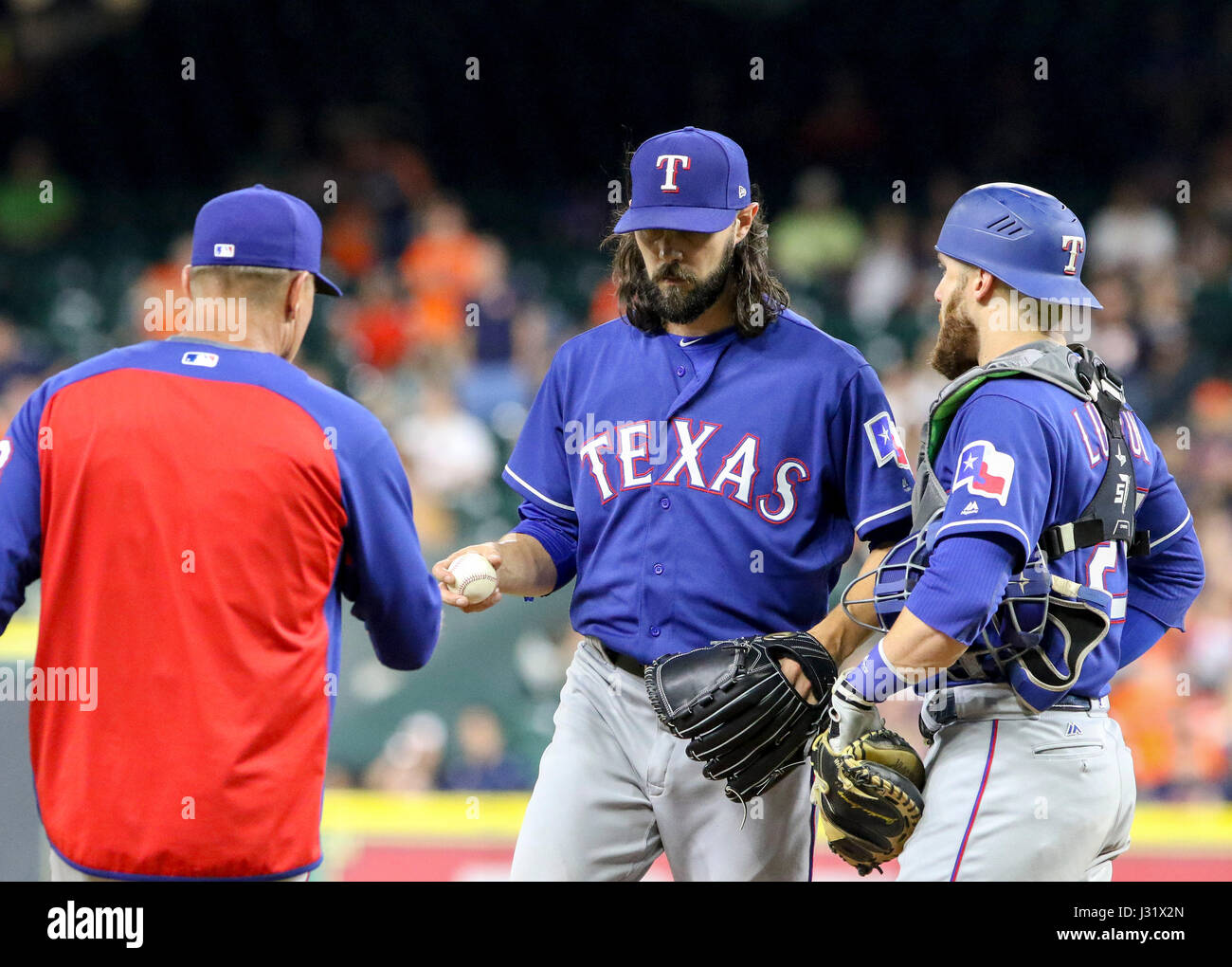 Houston, TX, USA. 1st May, 2017. Texas Rangers relief pitcher Tony Barnette (43) is sent to the ...