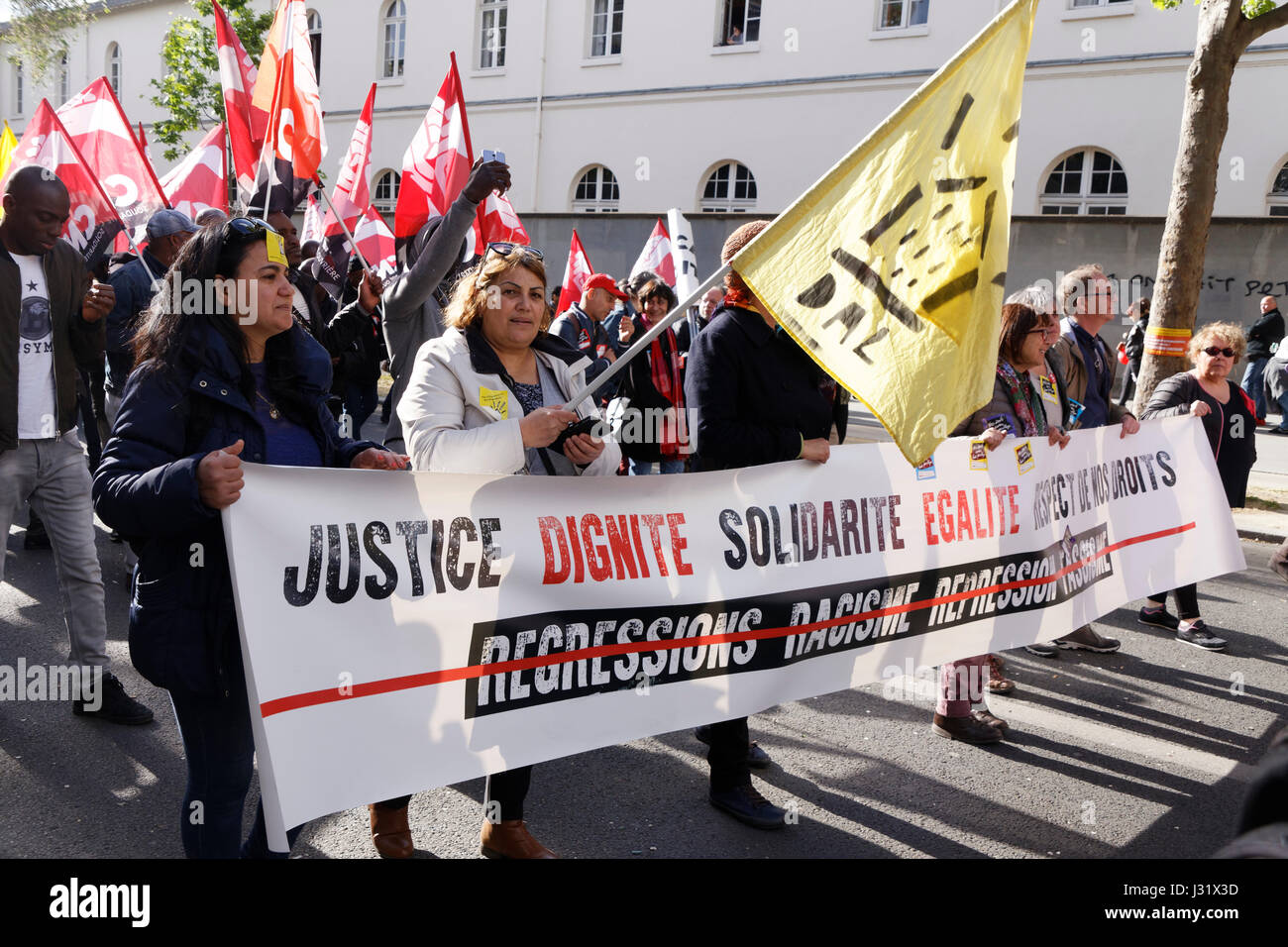 Paris, France. 1st May, 2017. Demonstrators attend the annual May Day ...