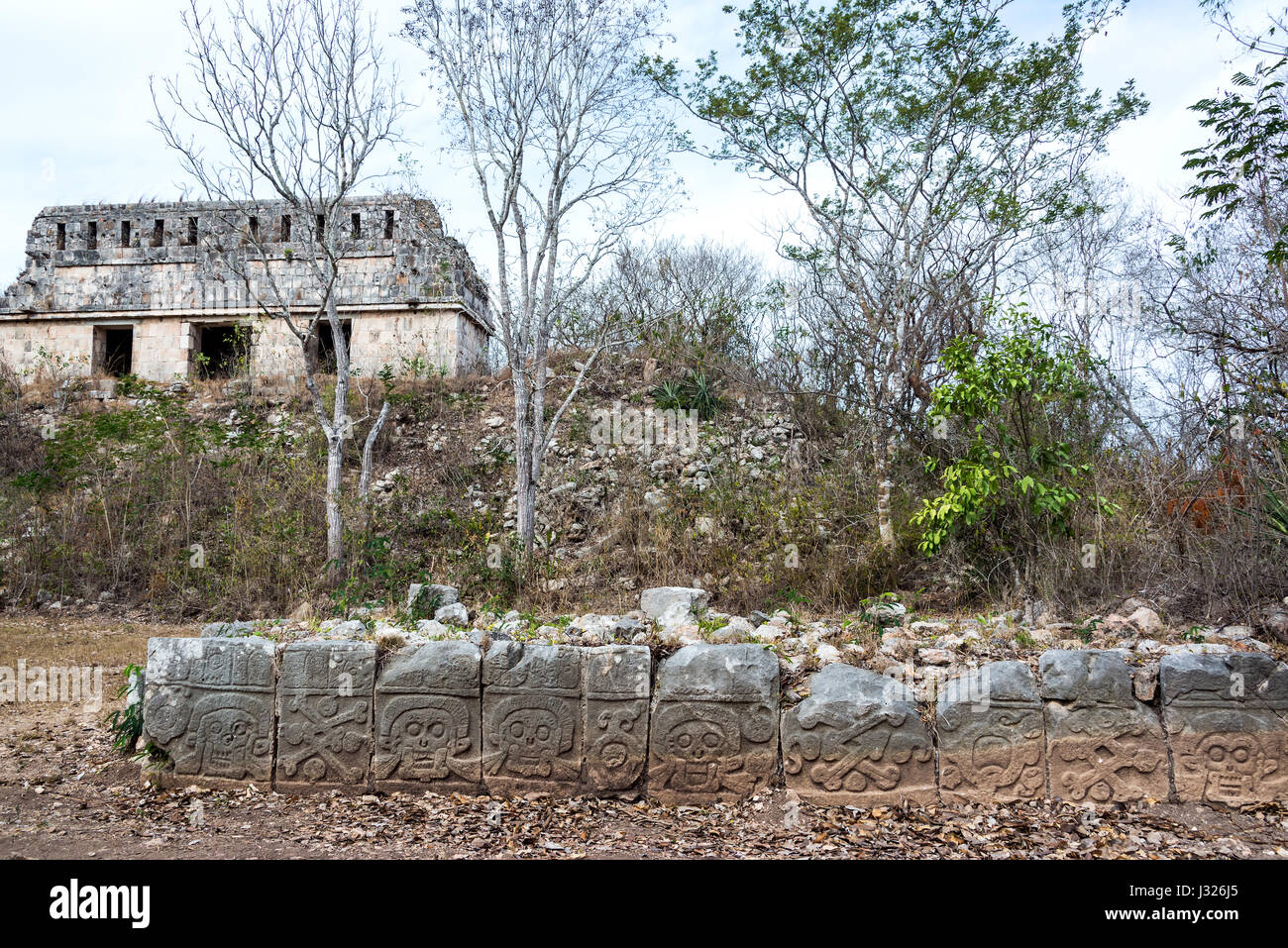 View of the cemetery group in the Mayan ruins of Uxmal in Mexico Stock ...