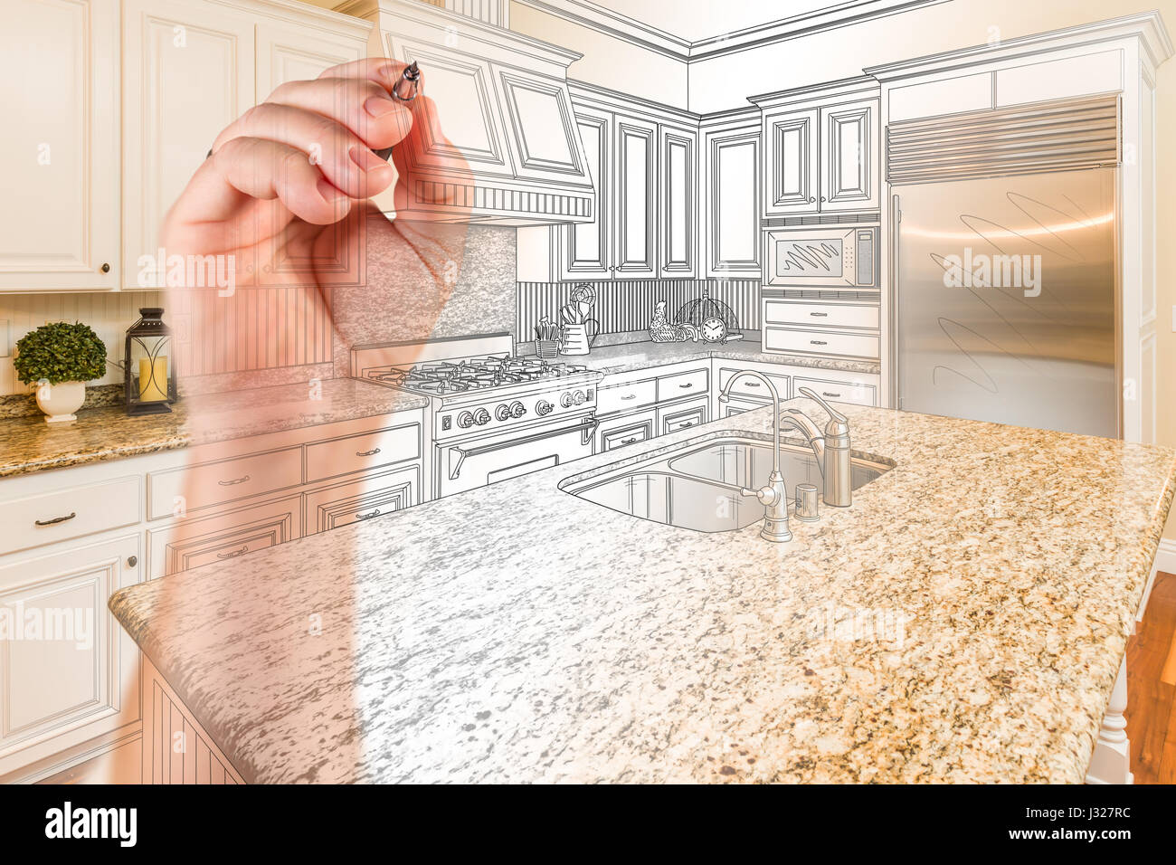 Hand Drawing Custom Kitchen Design With Gradation Revealing Photograph ...