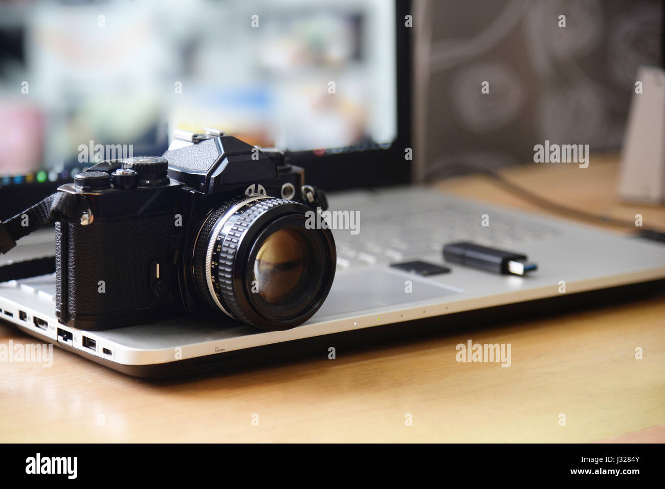 Digital Studio Photography Workstation. Retro film DSLR Camera, Laptop ...