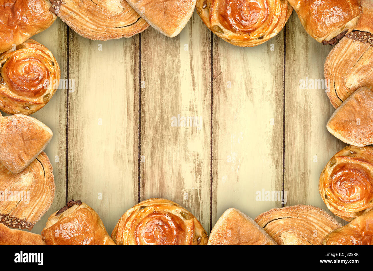 Sweet bread assorted traditional Mexican bakery frame with wood in ...