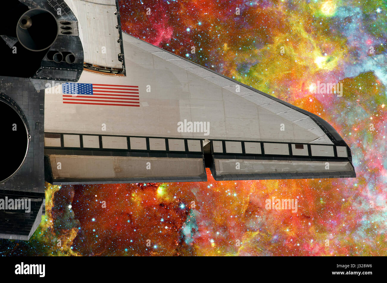 Space Shuttle flight over space nebula Stock Photo - Alamy