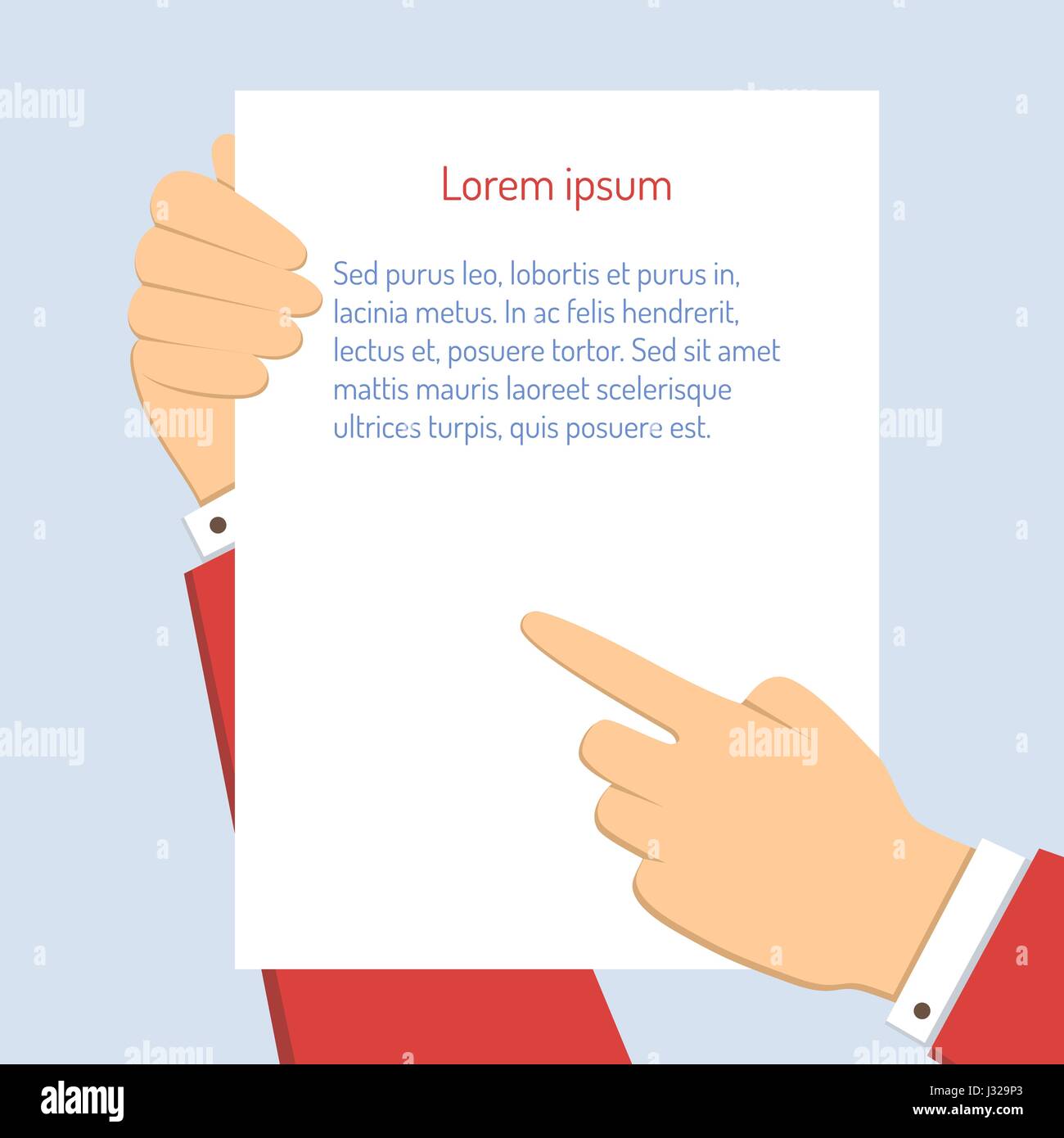 Businessman holds a vertical blank paper and points a finger at a ...