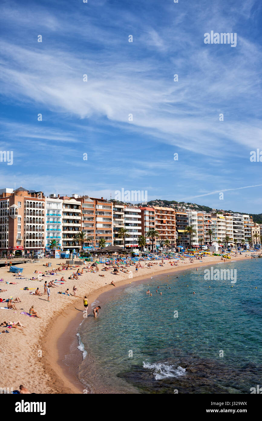 Lloret de Mar beach and town skyline in Spain, coastal resort on Costa ...