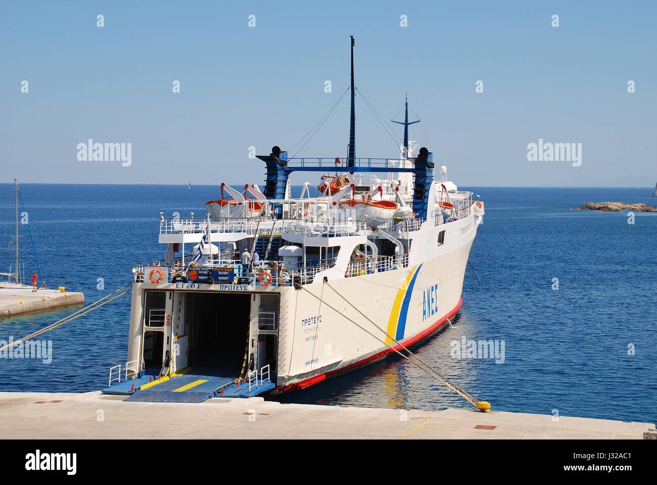 ANES Lines ferry boat Proteus at Patitiri harbour on the Greek island ...
