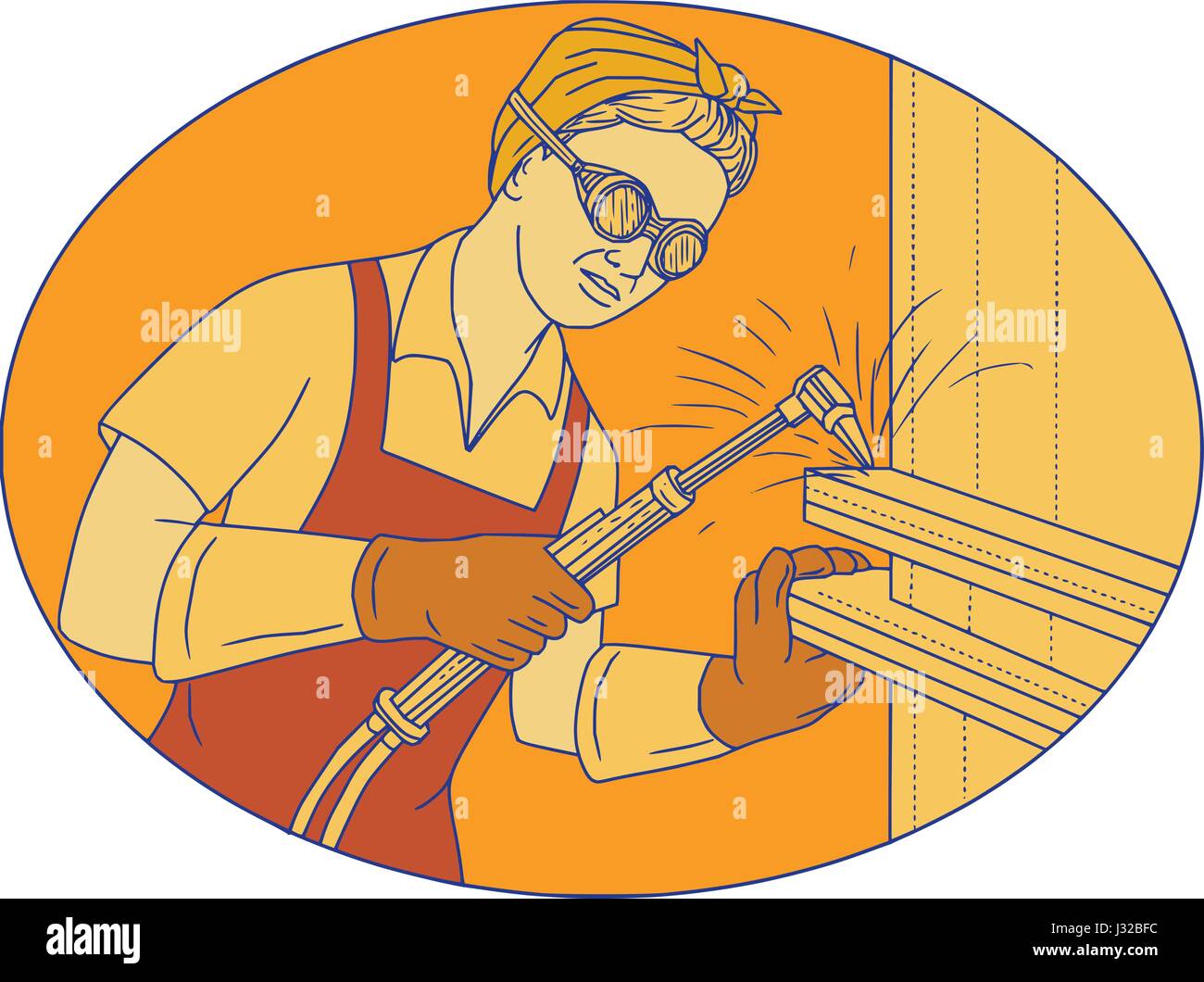 Mono line style illustration of a female welder welding using acetylene ...