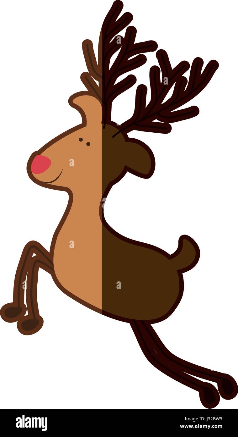 silhouette caricature color of reindeer with red nose and half shadow ...