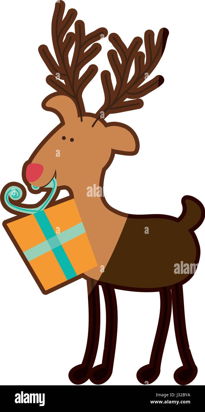 silhouette caricature color of reindeer with gift box and half shadow ...