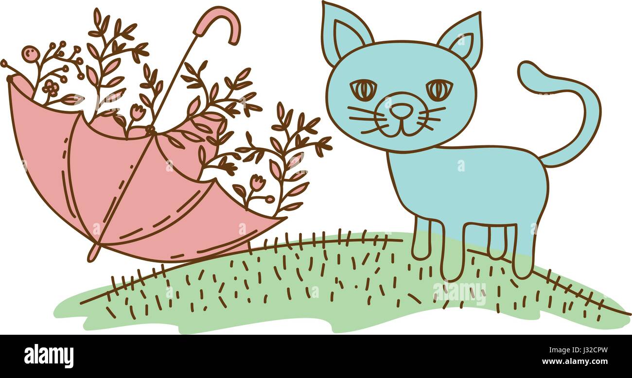 watercolor hand drawn silhouette of cat in hill and umbrella with ...