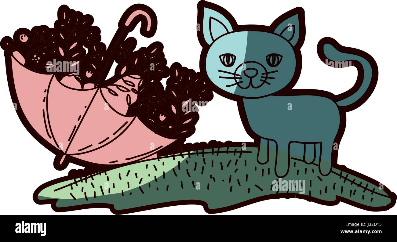 watercolor hand drawn silhouette of cat in hill and umbrella with ...