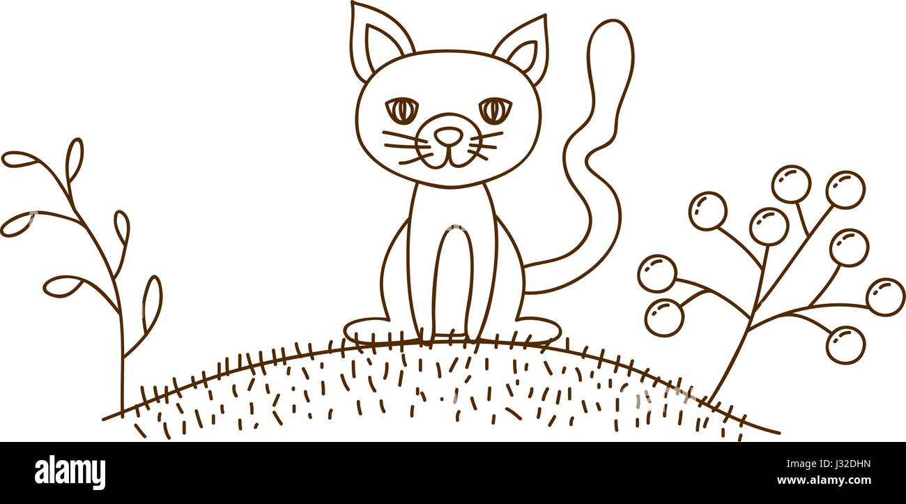 brown contour graphic of cat in hill with plants Stock Vector Image ...