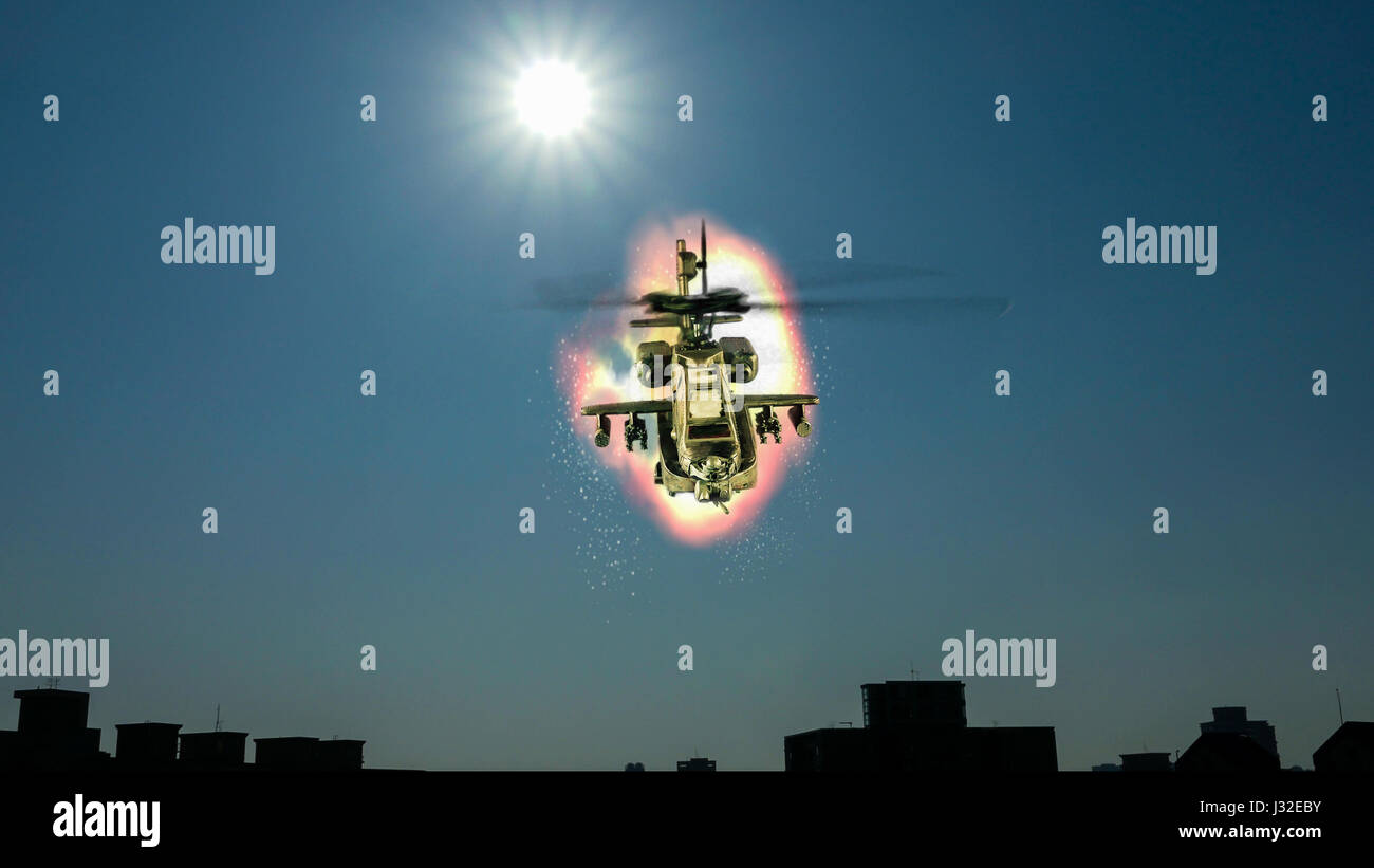 Military helicopter flying above rooftops in front of explosion Stock ...