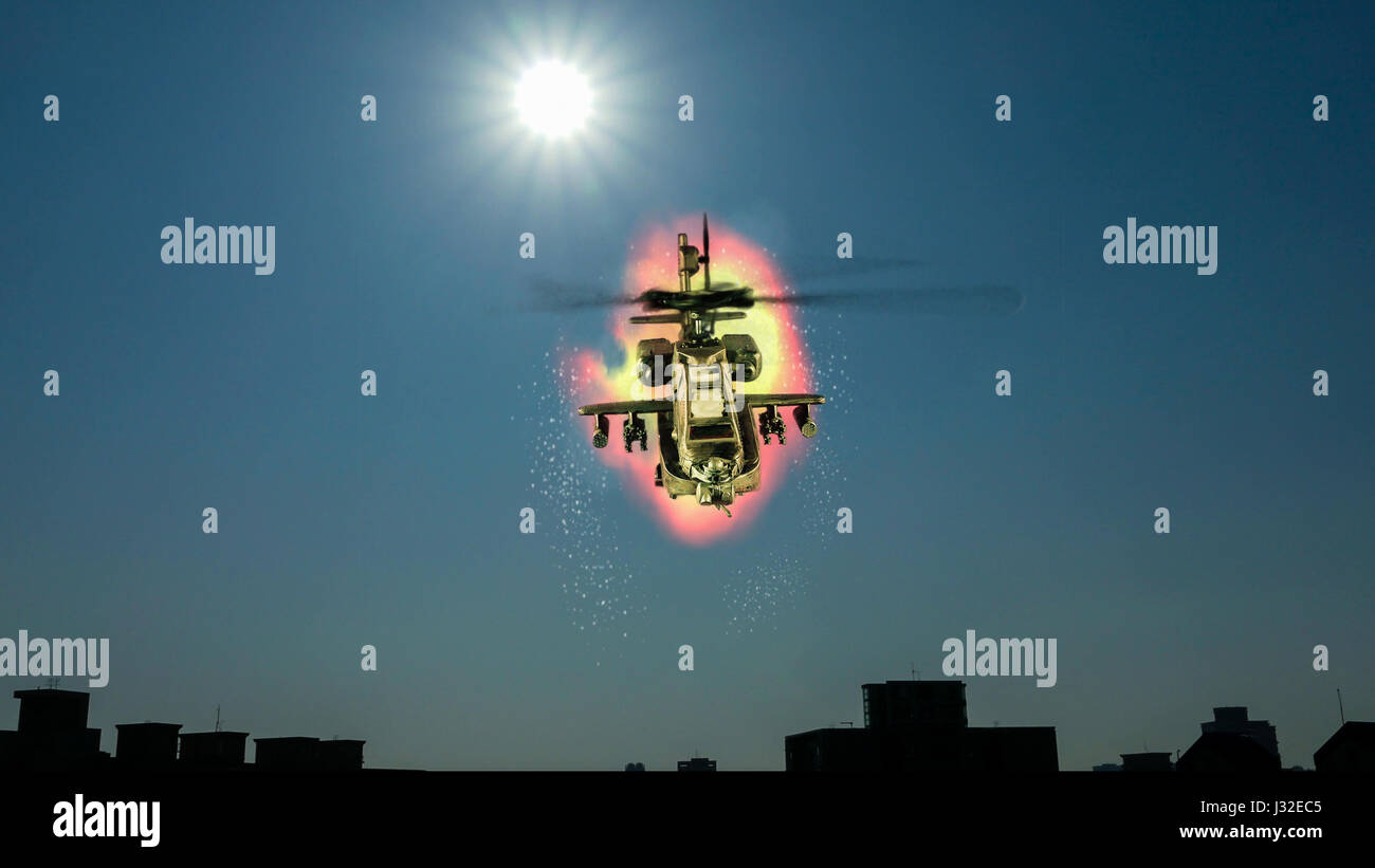 Military helicopter flying above rooftops in front of explosion Stock ...