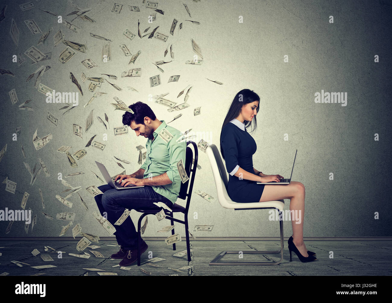 Employee compensation economy concept. Woman working on laptop sitting ...