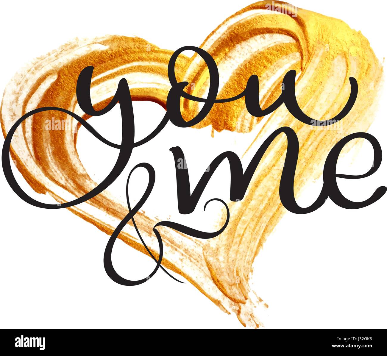 You and me text on gold background in form of heart. Vintage Hand drawn ...