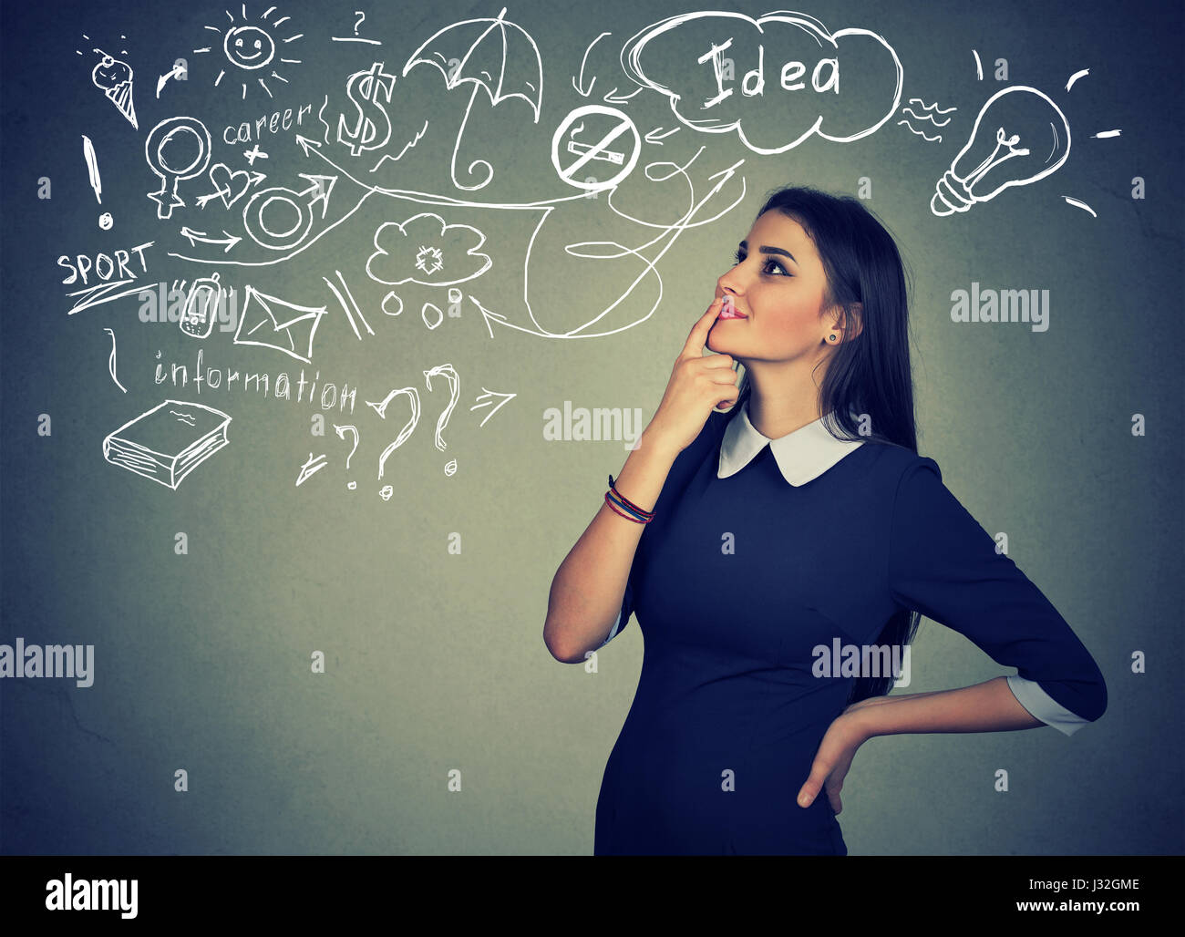 Portrait happy young woman thinking dreaming has many ideas looking up ...