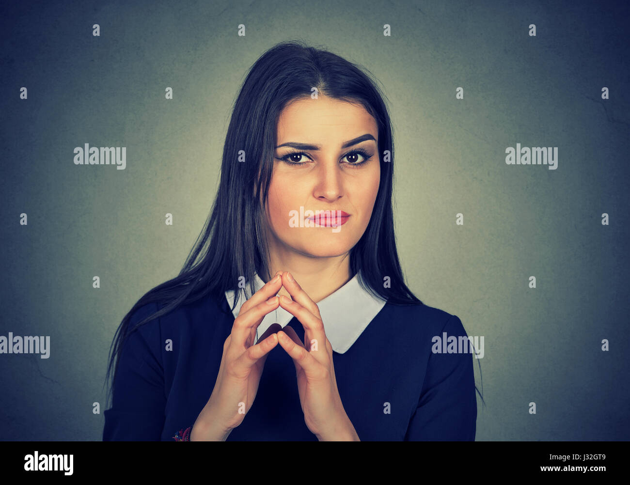 Closeup portrait of sneaky, sly, scheming young woman plotting ...